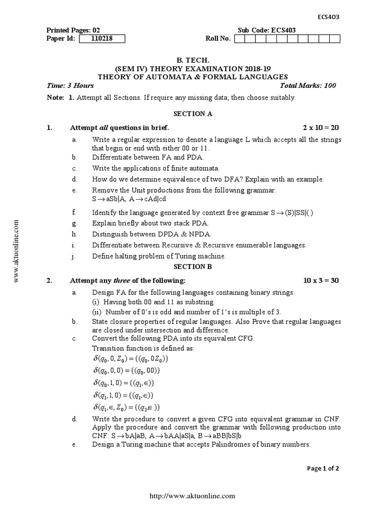 Btech Cs 4 Sem Theory of Automata and Formal Languages Ecs403 2019 | Download Free PDF | Applied ...