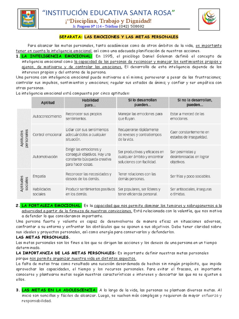 3° Separata-Sem. 13 - Las Emociones y Las Metas Personales | PDF | Inteligencia emocional | Las ...