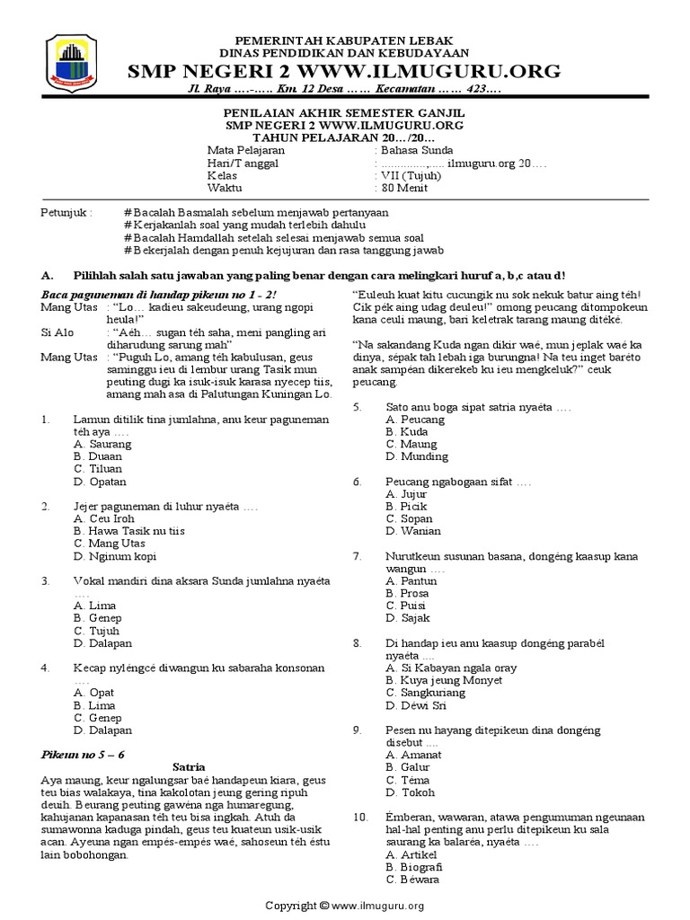 Ilmuguru - Org - Soal PAS Bahasa Sunda Kelas 7 Semester 1 Tahun 2020 | PDF