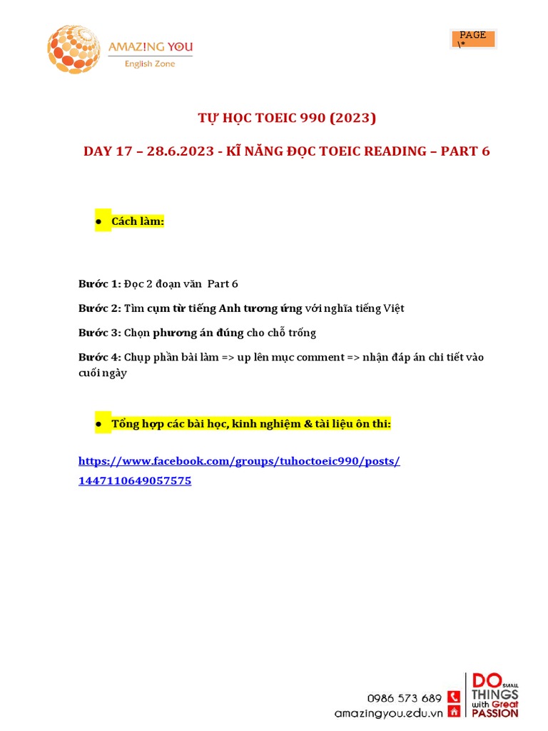 TỰ HỌC TOEIC 990 - TOEIC Reading Part 6 | PDF