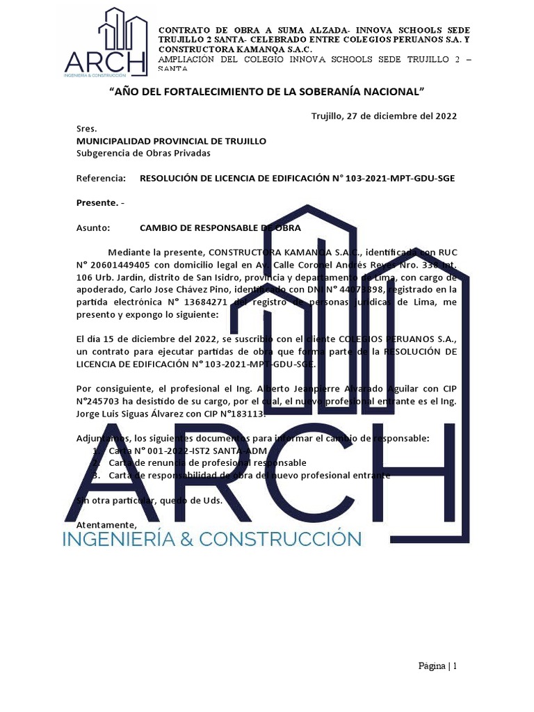 Modelo de Carta de Cambio de Responsable de Obra | PDF