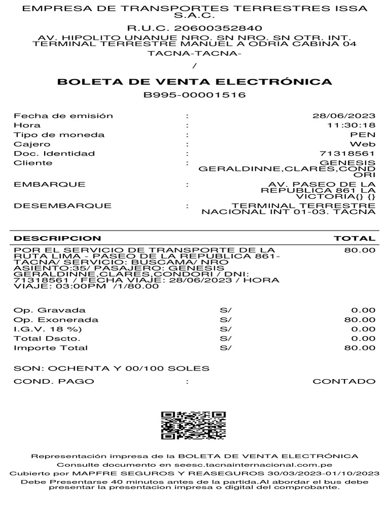 Boleto de Transporte ISSA S.A.C. | PDF