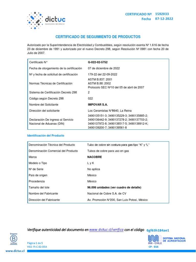 Certificados de Calidad - Tuberias Cobre Gas | PDF | Química ... Certificados de Calidad - Tuberias Cobre Gas | PDF | Química ...
