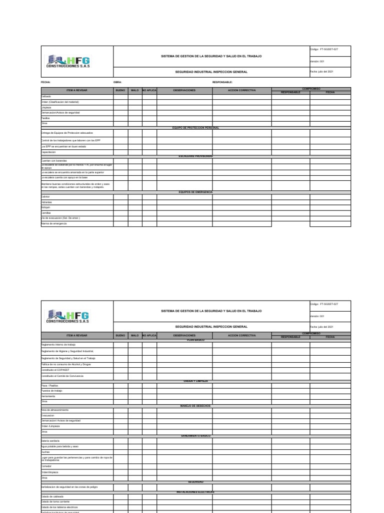 FT-SST-027 - Formato Inspeccion de Obra | PDF | Higiene