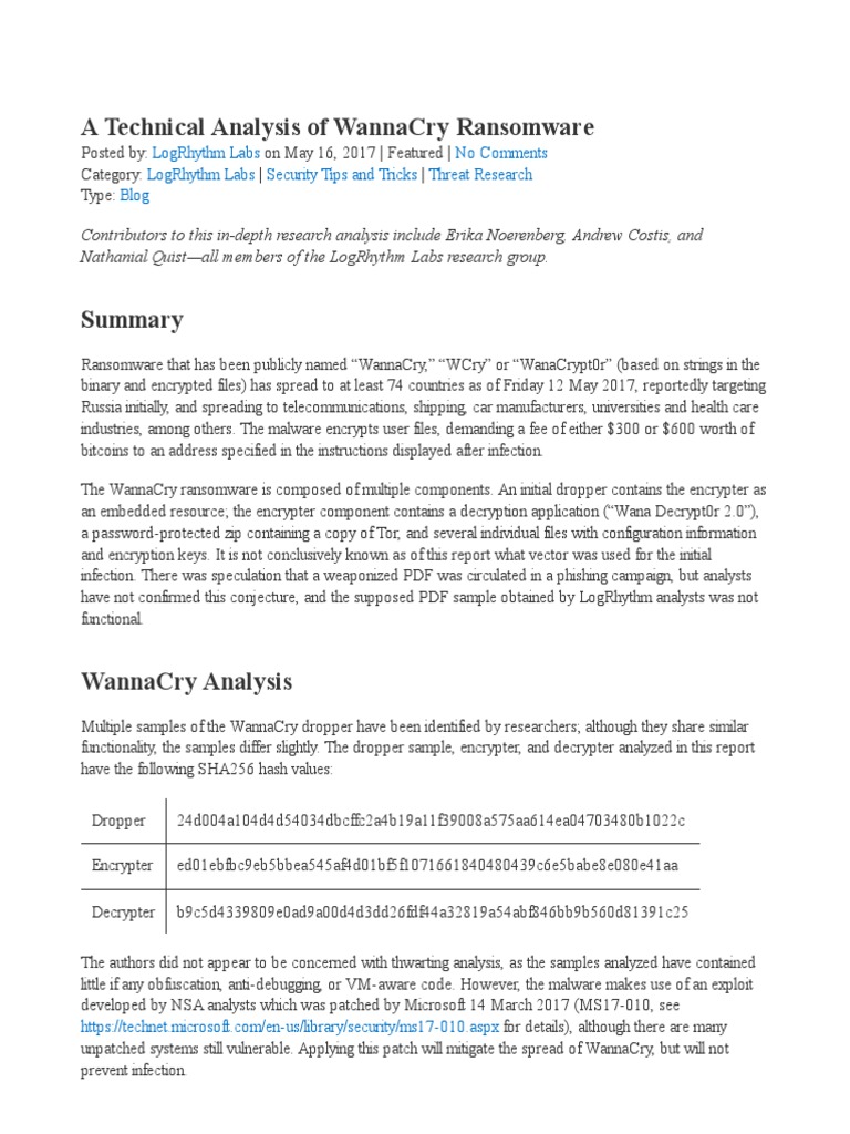 A Technical Analysis of WannaCry Ransomware | PDF | Ransomware | Computing