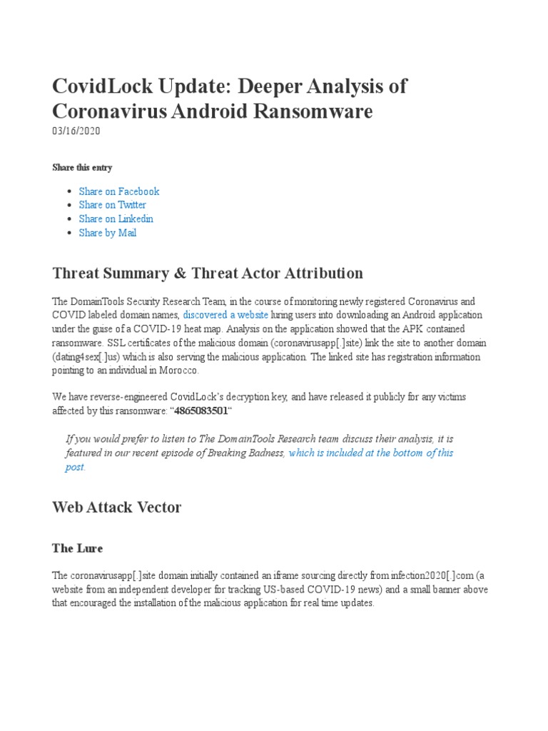 CovidLock Malware Update - Deeper Analysis | PDF | Ransomware | Malware