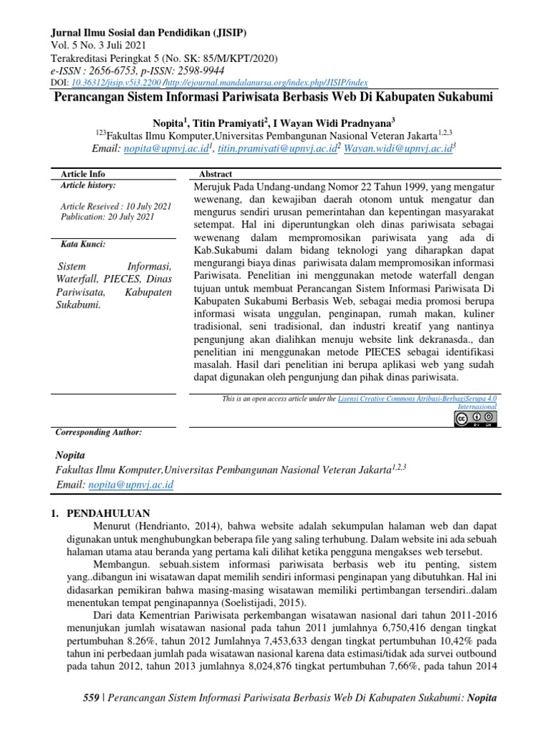 Perancangan Sistem Informasi Pariwisata Berbasis Web Di Kabupaten Sukabumi | PDF
