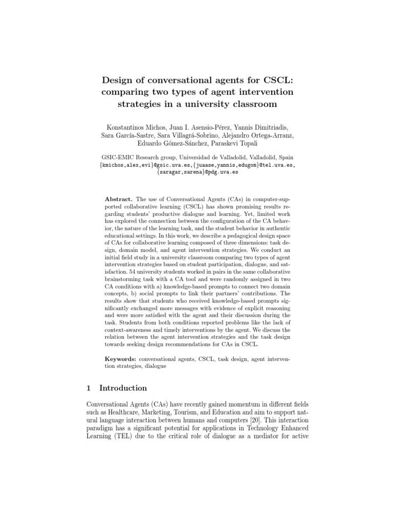 Design of Conversational Agents For CSCL Comparing Two Types of Agent ... Design of Conversational Agents For CSCL Comparing Two Types of Agent ...