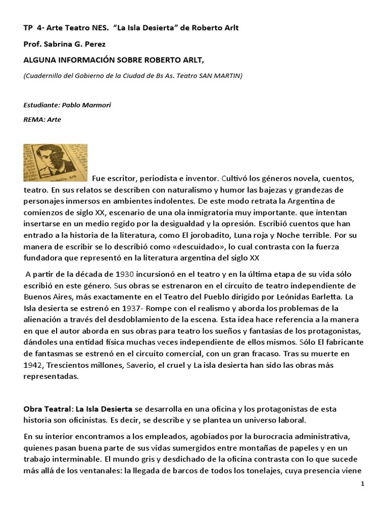 TP4 La Isla Desierta de Roberto Arlt | PDF