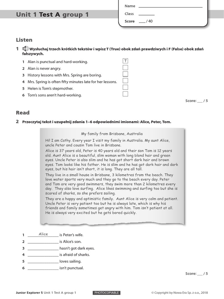 Junior Explorer 5 Unit 1 Test A Group 1 | PDF
