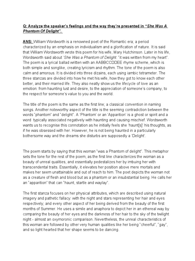 She Was A Phantom of Delight - Essay Question | PDF | Poetry | William ...