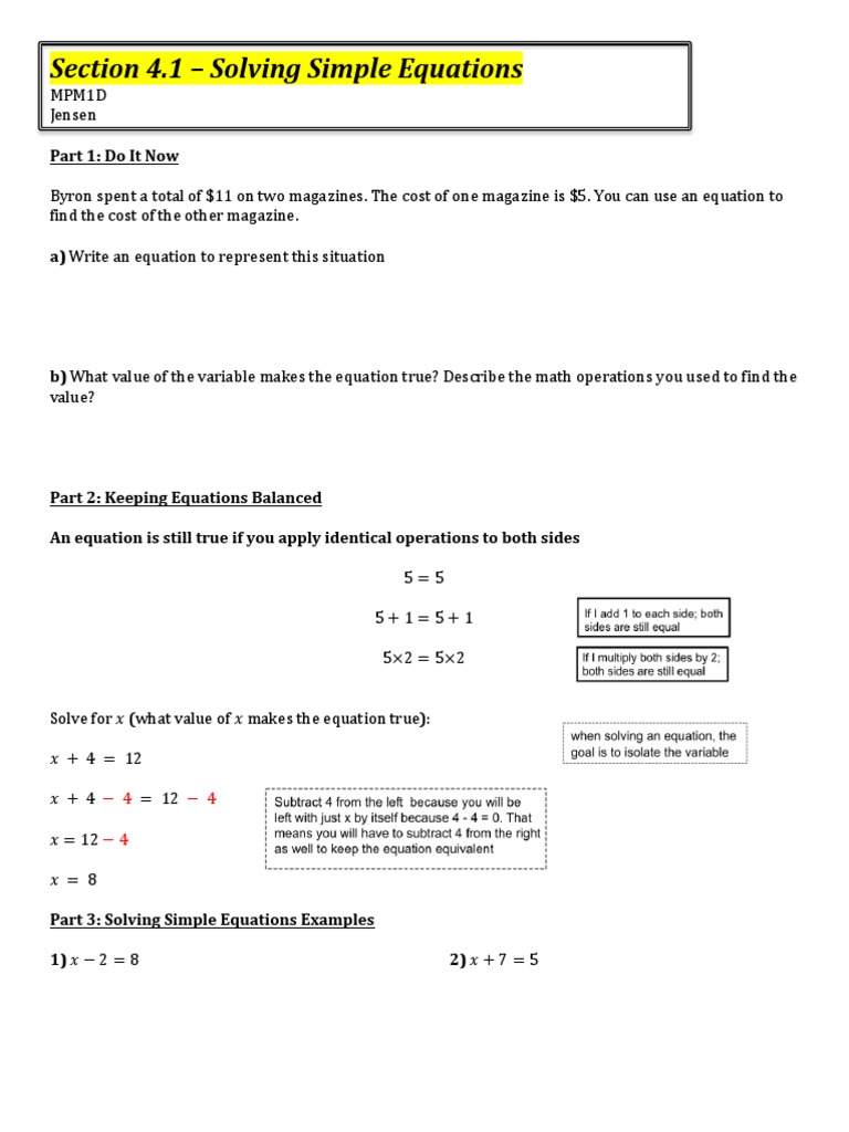 Section 4.1 - Solving Simple Equations | PDF | Equations | Mathematics