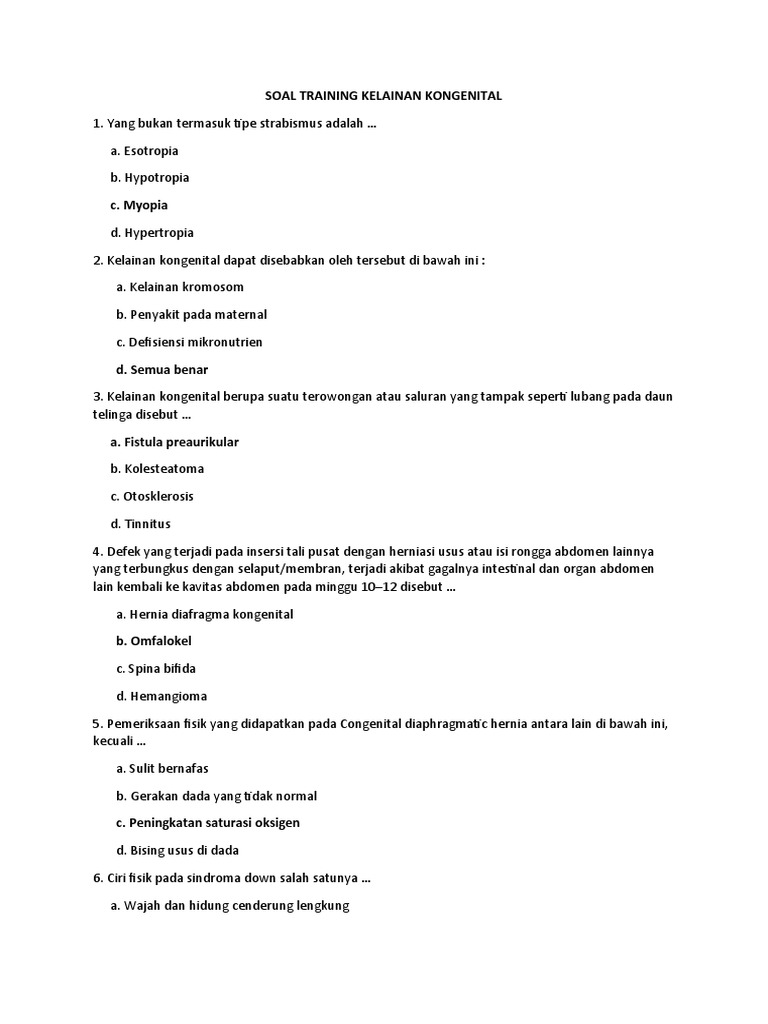 Soal Training Kelainan Kongenital | PDF | Kajian Bahasa Asing