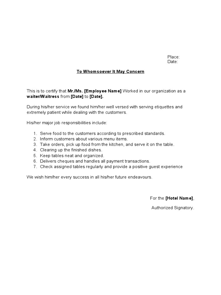 Hotel Waiter Expereince Certificate | PDF
