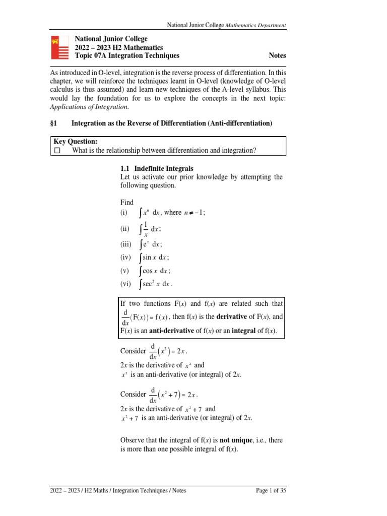 2022 1MA2 07A Integration Techniques - Notes (Student) | PDF | Integral ...