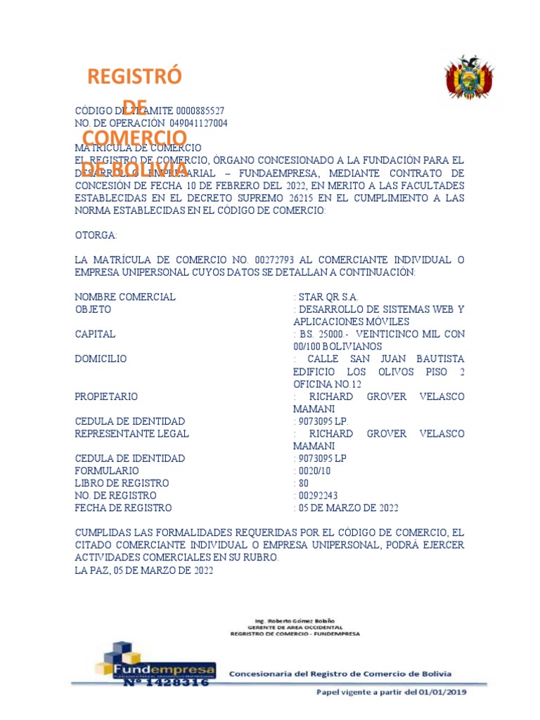 Registro de Comercio de Bolivia | PDF