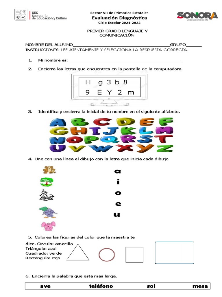 Evaluación Diagnóstica Primer Grado | PDF