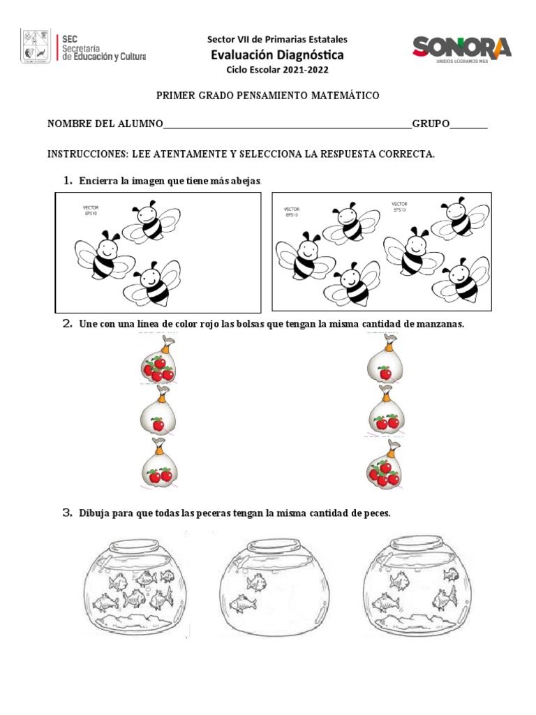 Evaluación Diagnóstica Matemáticas 1er Grado | PDF