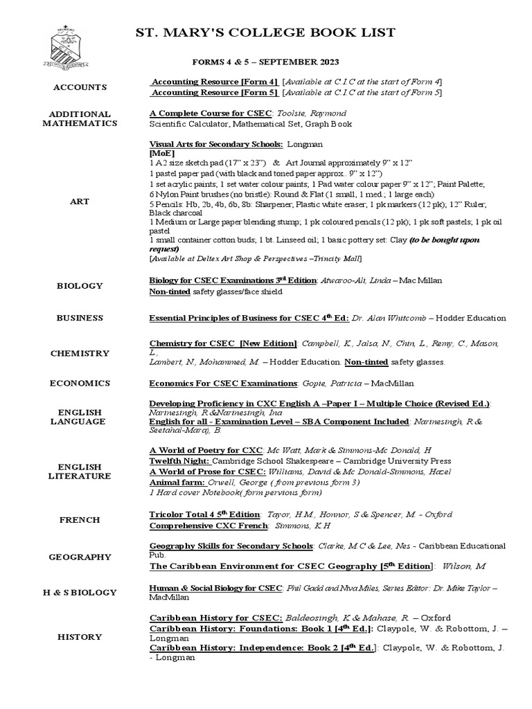 Form 4 Booklist 2023-2024 | PDF
