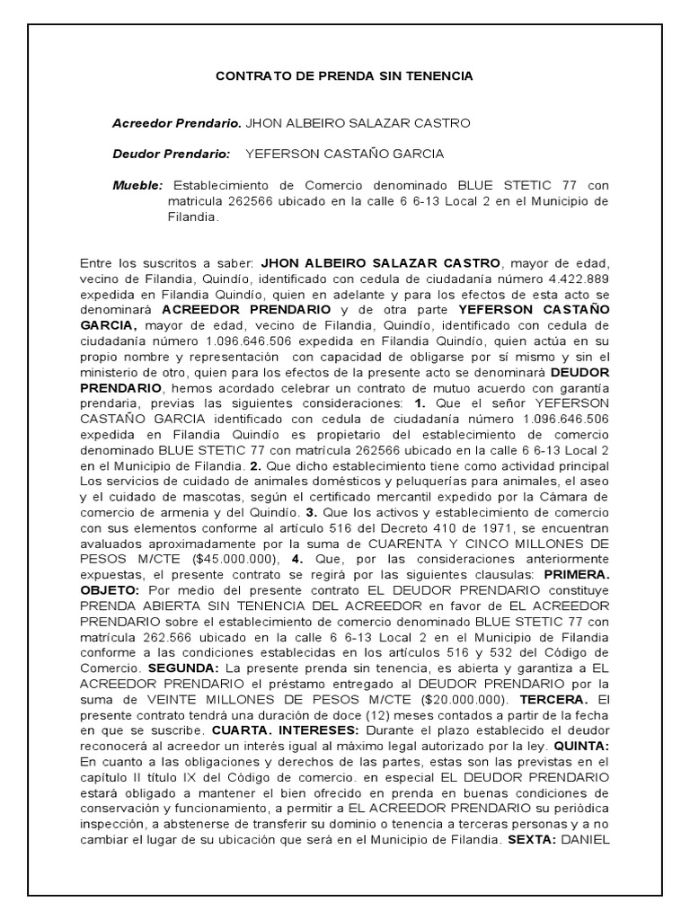 Contrato de Prenda Sin Tenencia | PDF | Pagos