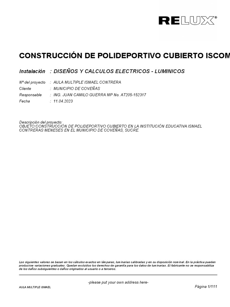 Calculos Relux Informe | PDF | Diseño de interiores | Óptica