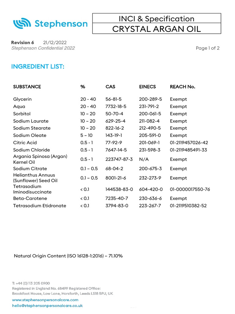 CRYSTAL ARGAN OIL - INCI & Specification Rev 6 | PDF | Technology ...