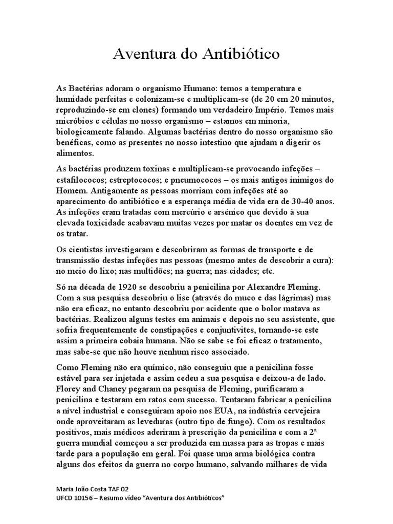 Resumo Aventura Do Antibiotico | PDF | Penicilina | Bactérias
