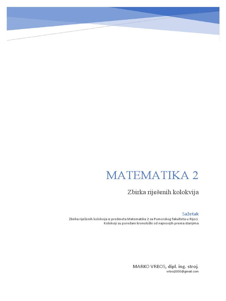 Matematika 2 - Zbirka Riješenih Kolokvija | PDF