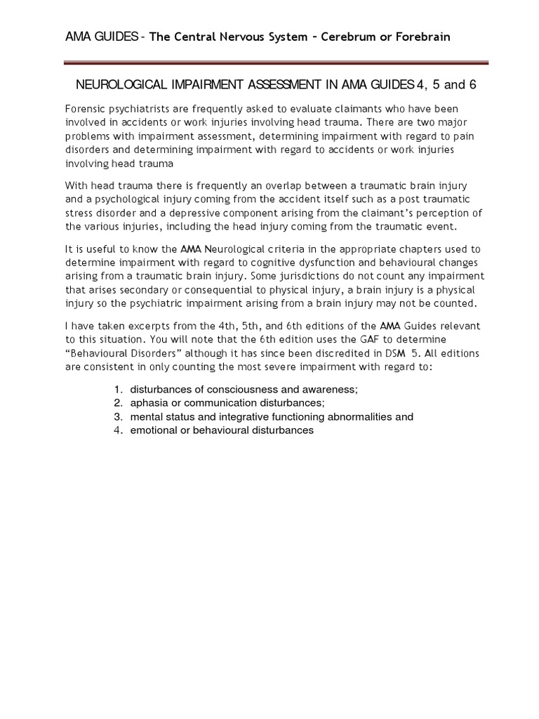 AMA Guides: CNS Impairment Assessment | PDF | Concussion ...