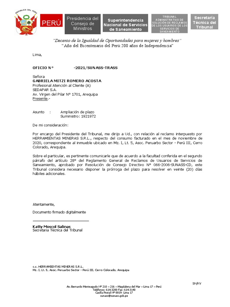 2021-10198 Oficio Ampliacion Sedapar | PDF | Perú