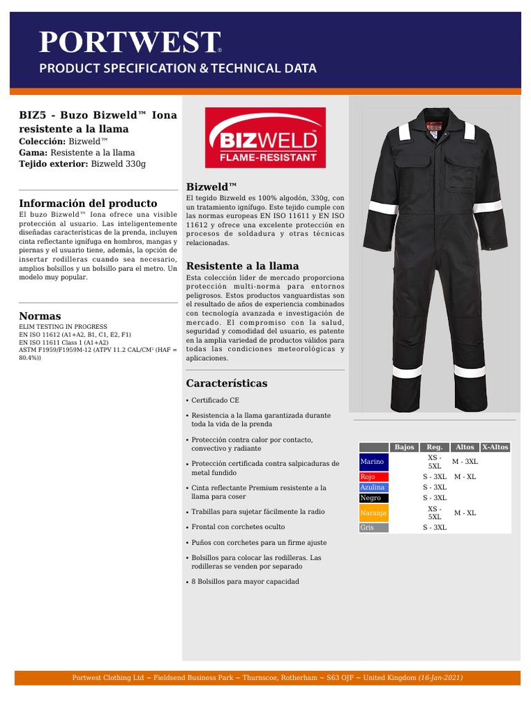 BIZ5 Overol Ignifugo Ficha Tecnica | PDF BIZ5 Overol Ignifugo Ficha Tecnica | PDF