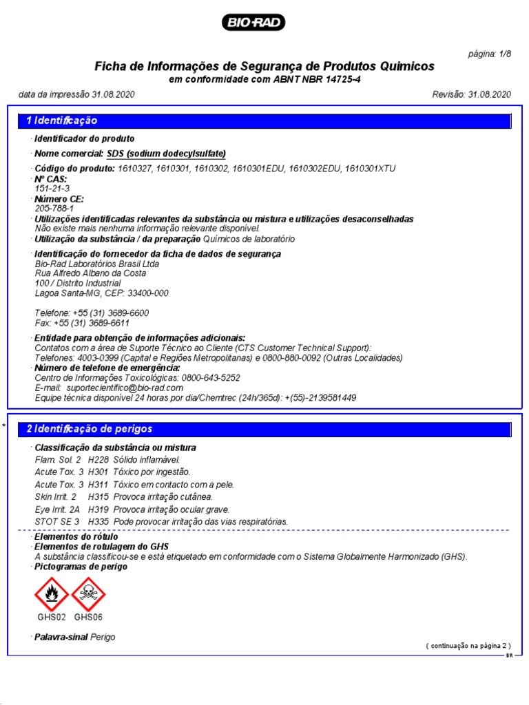 SDS Solução 10% - Bio Rad | PDF | Desperdício | Química