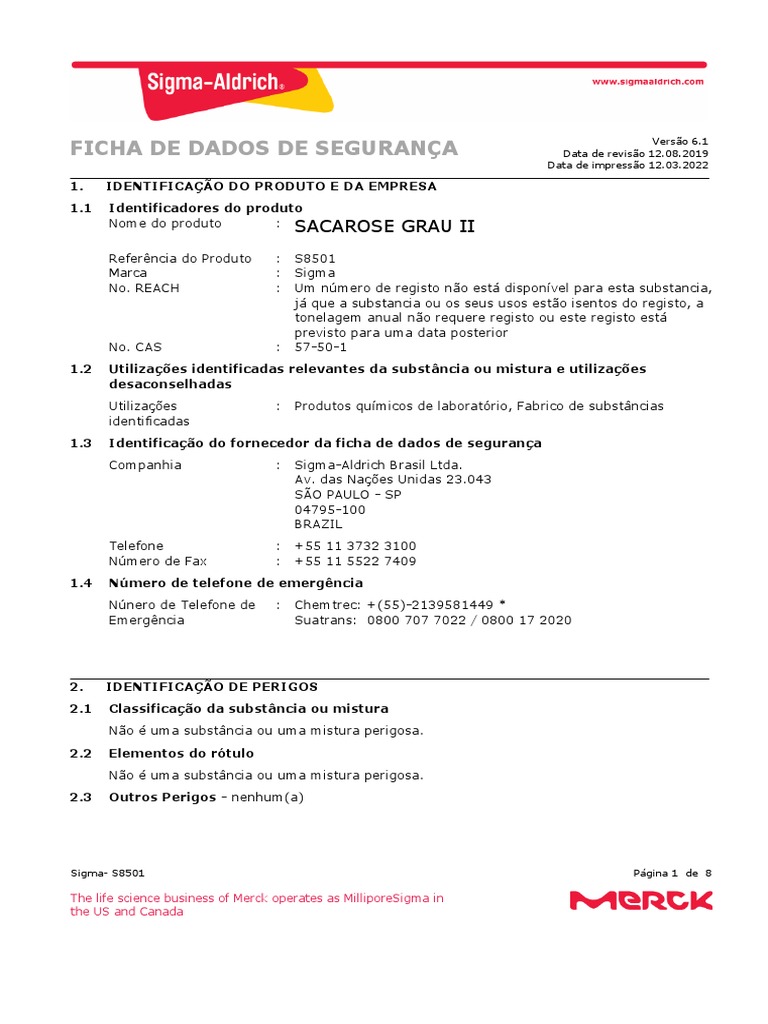 Sacarose Grau II - Sigma | PDF | Substancias químicas | Primeiros socorros