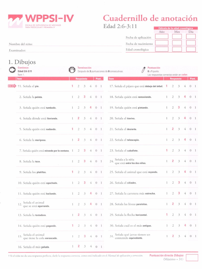 Cuadernillo de Anotación 2-6,3-11 WPPSI-IV | PDF