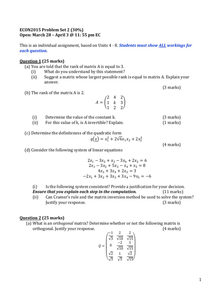 ECON2015 Problem Set 2 - 2022 | PDF | Matrix (Mathematics) | Eigenvalues And Eigenvectors