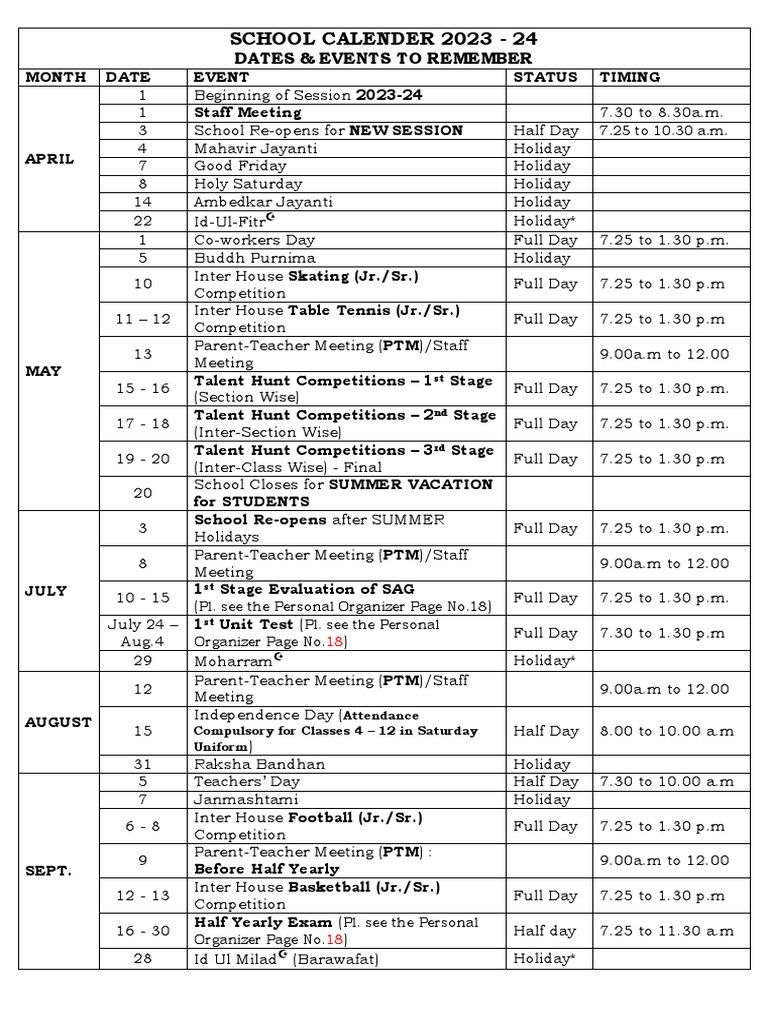 School Calender 2023-24 | Download Free PDF | Observances | Festival