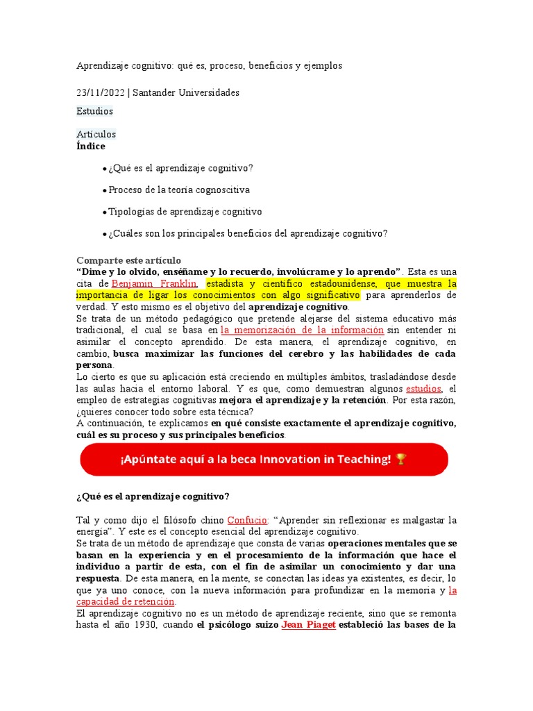 Aprendizaje Cognitivo Pdf Aprendizaje Cognición