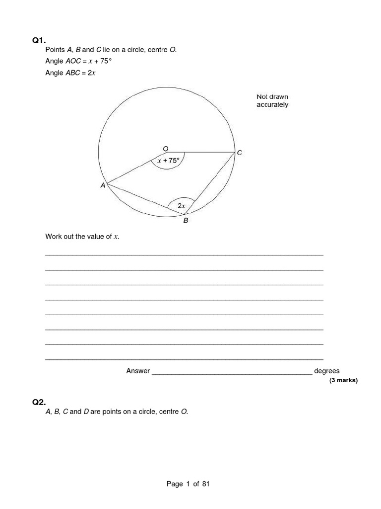 A, B, C and D Are Points On A Circle, Centre O.: (3 Marks) | PDF | Circle | Triangle