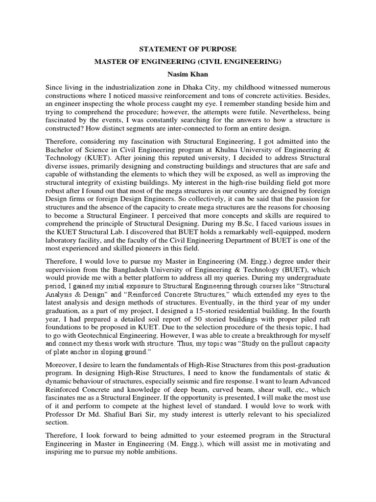 SOP For BUET Postgradate Programme (NASIM KHAN) | PDF | Engineering | Geotechnical Engineering