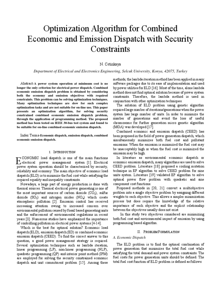 6unit - Optimization Algorithm For Combined Economic and Emission Dispatch With Security ...