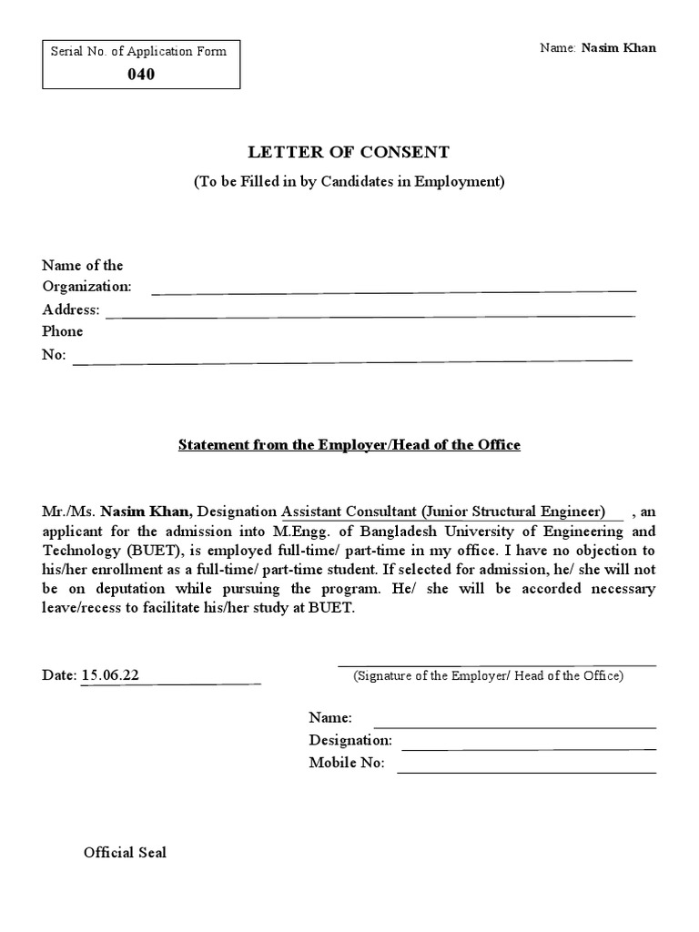Statement From The Employer/Head of The Office: Name: Nasim Khan Serial ...