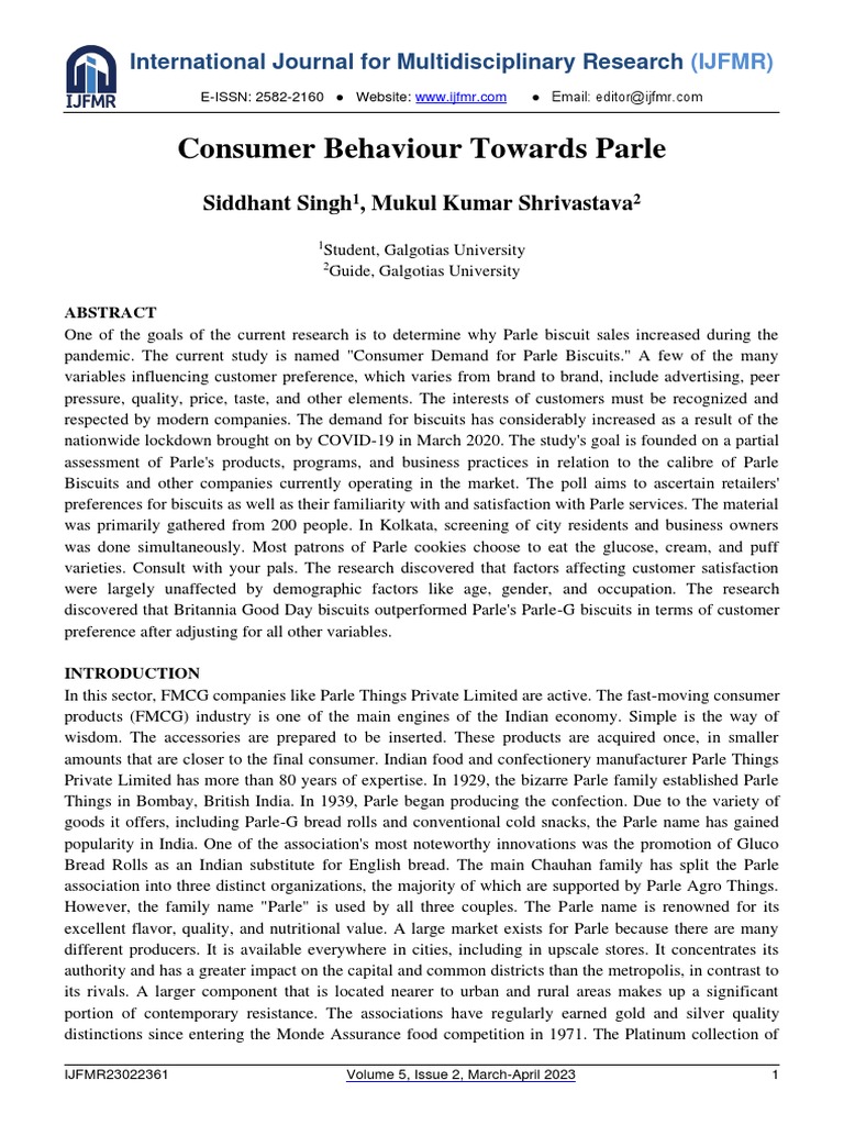 Consumer Behaviour Towards Parle: Siddhant Singh, Mukul Kumar Shrivastava | PDF | Consumer ...