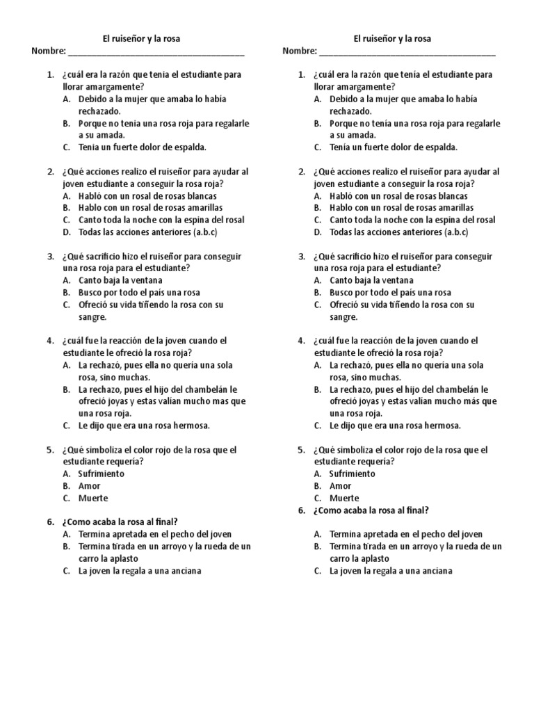 Preguntas sobre "El ruiseñor y la rosa" | PDF | Rosa