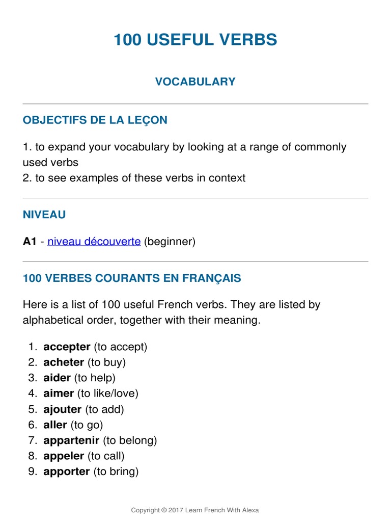 100 Useful French Verbs Support Guide | PDF