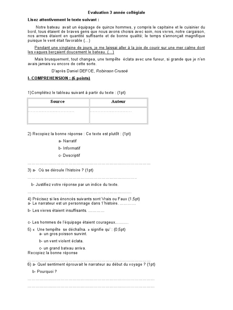 Évaluation de compréhension et grammaire | PDF