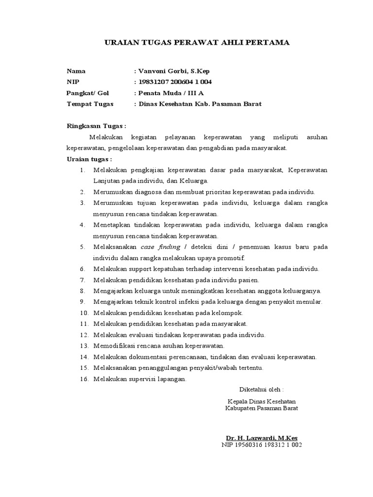 Uraian Tugas Perawat Ahli 1 | PDF