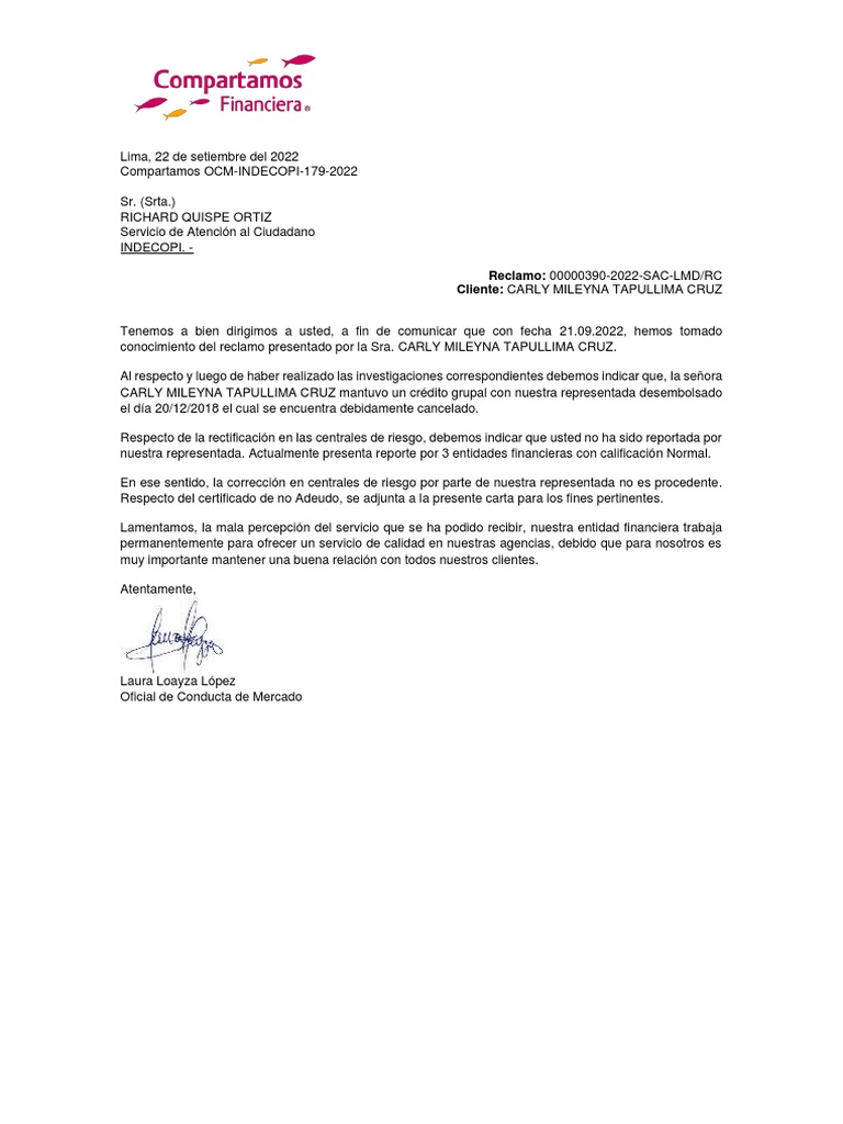 CARTA NO ADEUDO COMPARTAMOS | PDF
