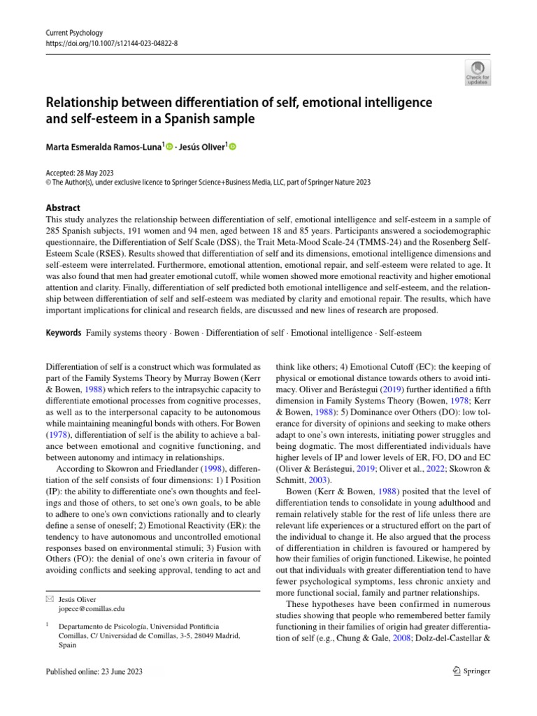 Relationship Between Diferentiation of Self, Emotional Intelligence and Self Esteem in A Spanish ...
