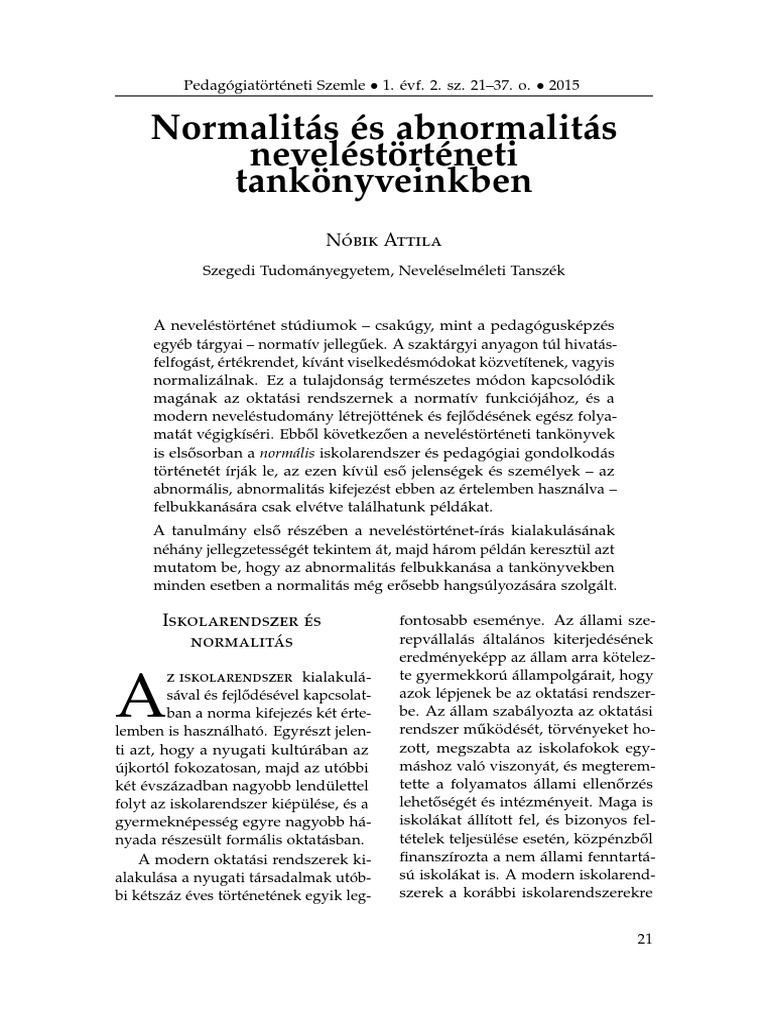 Normalitás És Abnormalitás Neveléstörténeti Tankönyveinkben | PDF