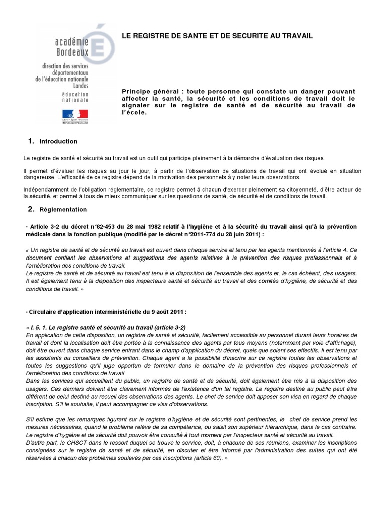PR Sentation Du Registre Sant Et S Curit Au Travail 18497 | Download Free PDF | Santé et ...
